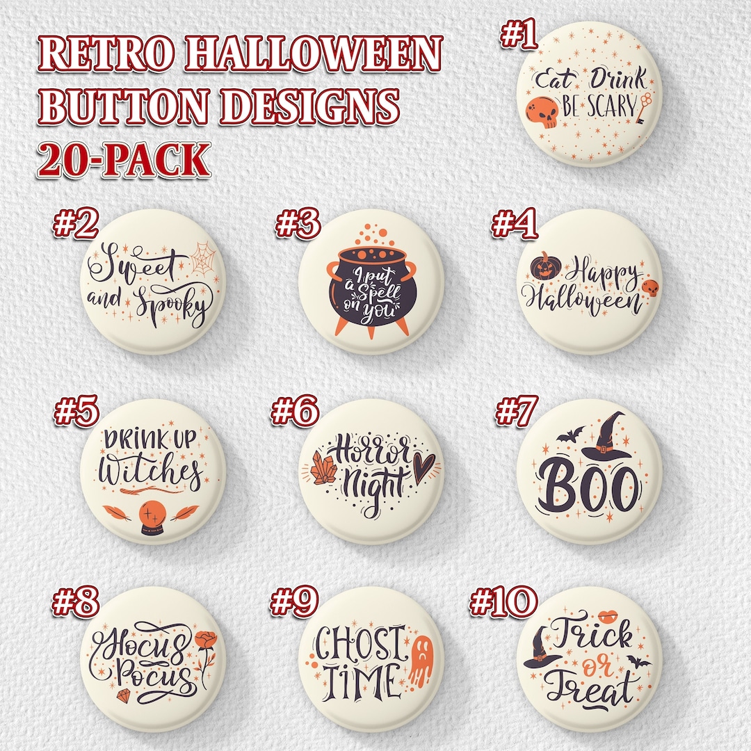 Retro Halloween Buttons 20-pack 1", 1.25", 1.5", 2.25", 3", 3.5 ...