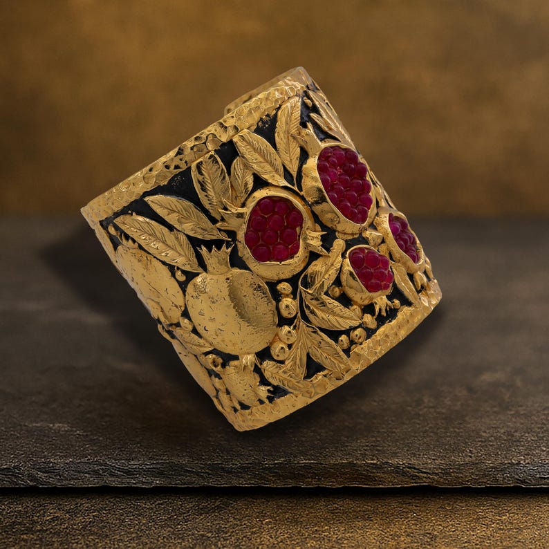 Gold Pomegranate Cuff – Ruby Quartz, Leaf Motifs - Etsy