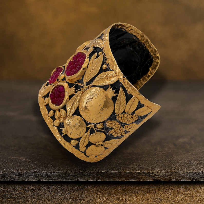 Gold Pomegranate Cuff – Ruby Quartz, Leaf Motifs - Etsy