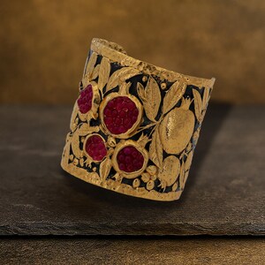 Gold Pomegranate Cuff – Ruby Quartz, Leaf Motifs - Etsy