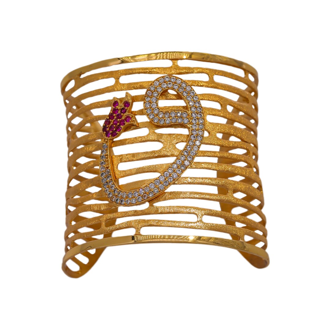 Arabic 'vav' Gold Cuff Bracelet - 24K Gold Plated, White Zircon & Ruby ...