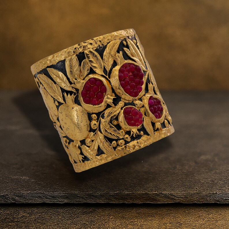 Gold Pomegranate Cuff – Ruby Quartz, Leaf Motifs - Etsy