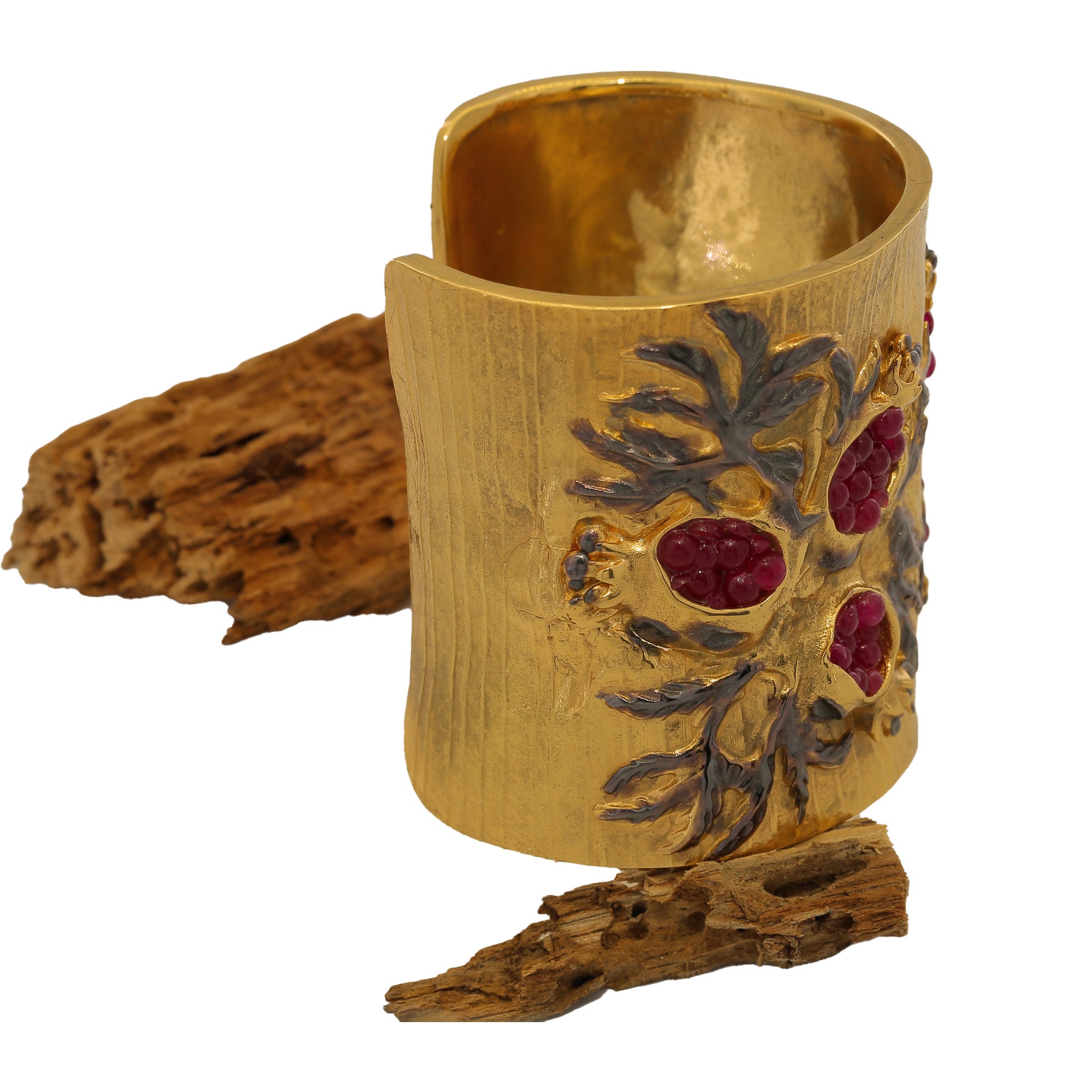 Gold Pomegranate Cuff Bracelet – Ottoman Turkish Bangle With Leaf ...