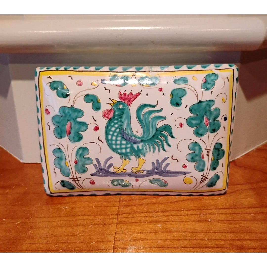 Vintage Italian Deruta Pottery Ceramic Rooster Trinket Box W/lid Hand ...