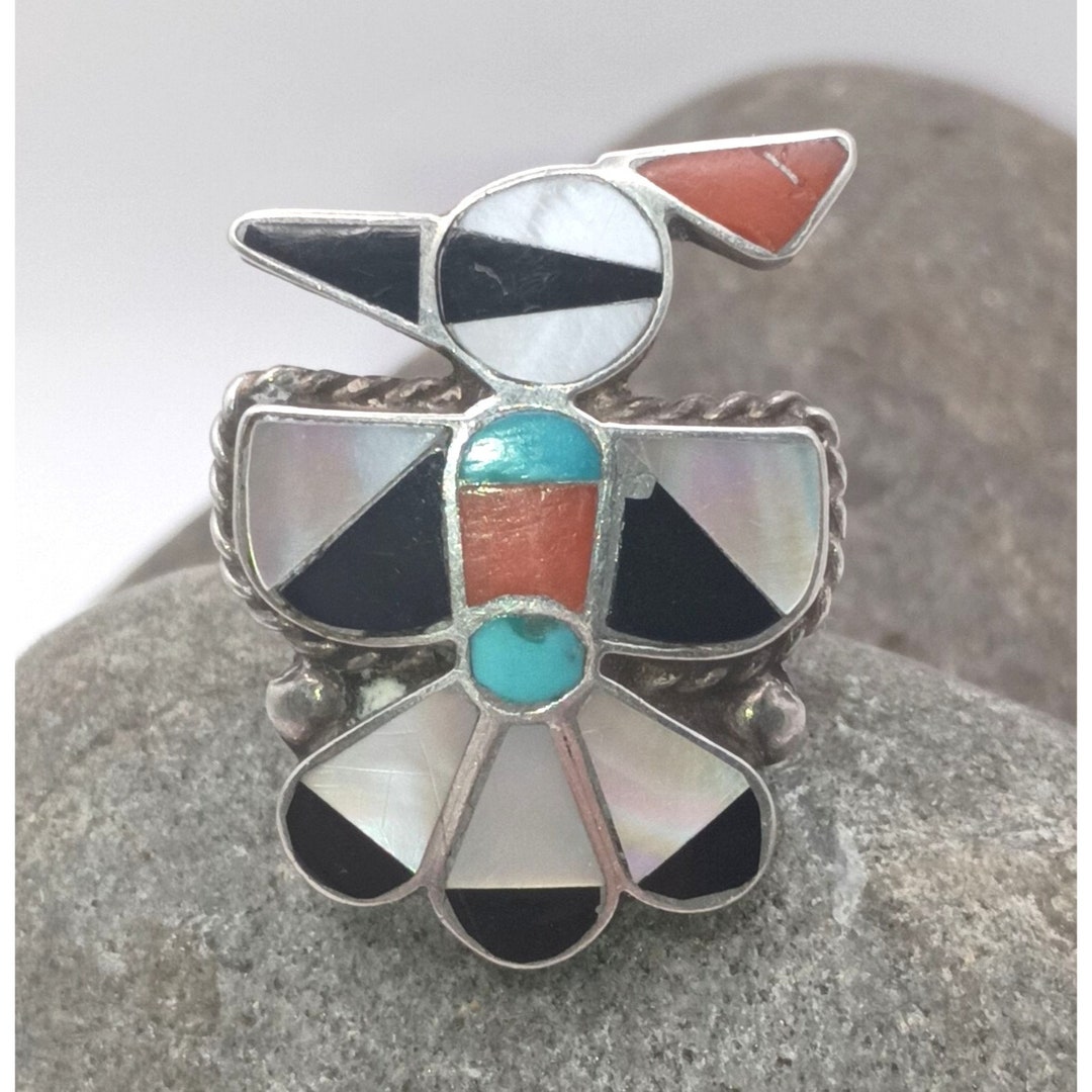 Vintage Zuni Thunderbird Ring Inlaid Mother of Pearl Turquoise Onyx ...