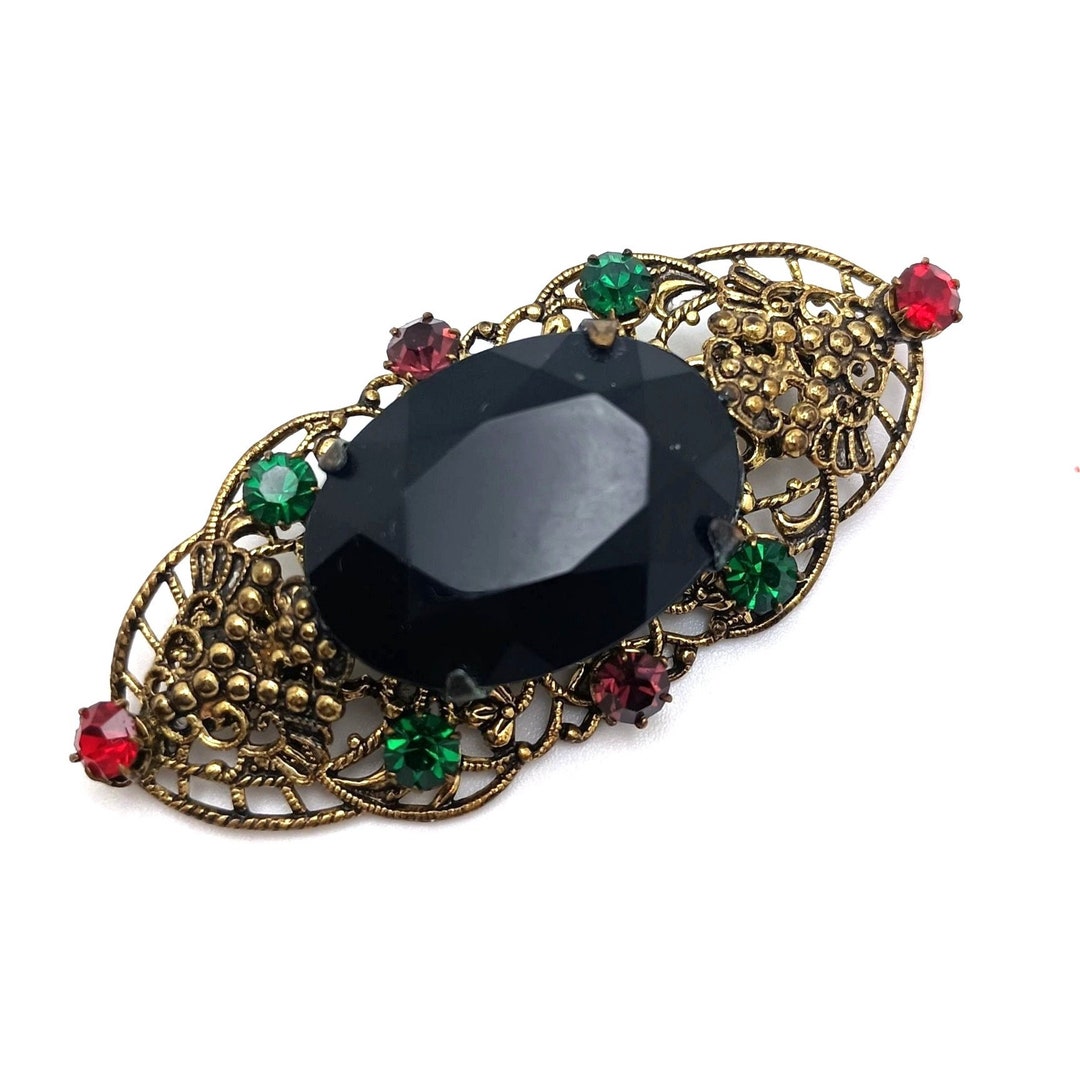VTG Victorian Style Ornate Filigree Rhinestone Brooch Gold Tone ...