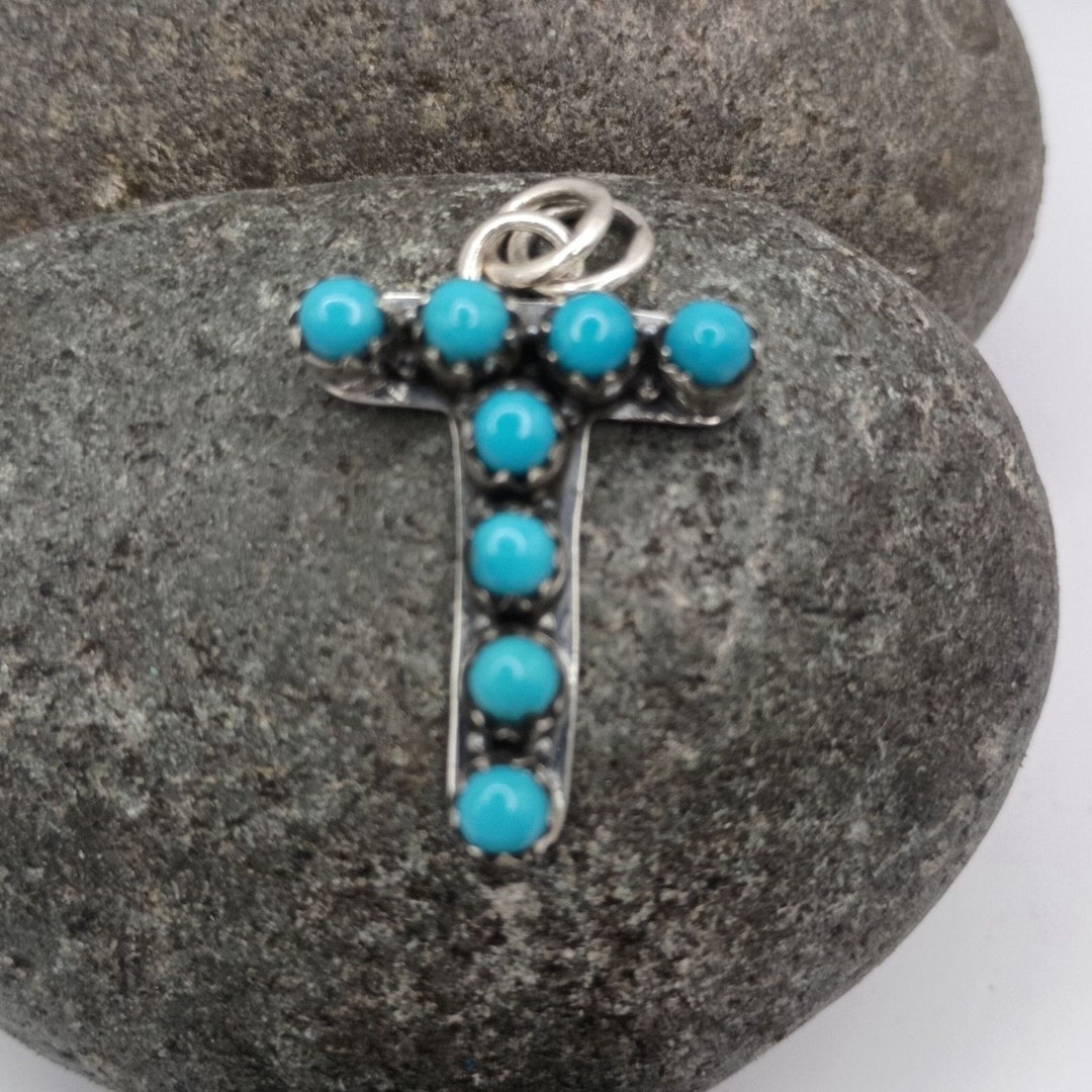 Native American Sterling Silver Kingman Turquoise Letter T Pendant ...