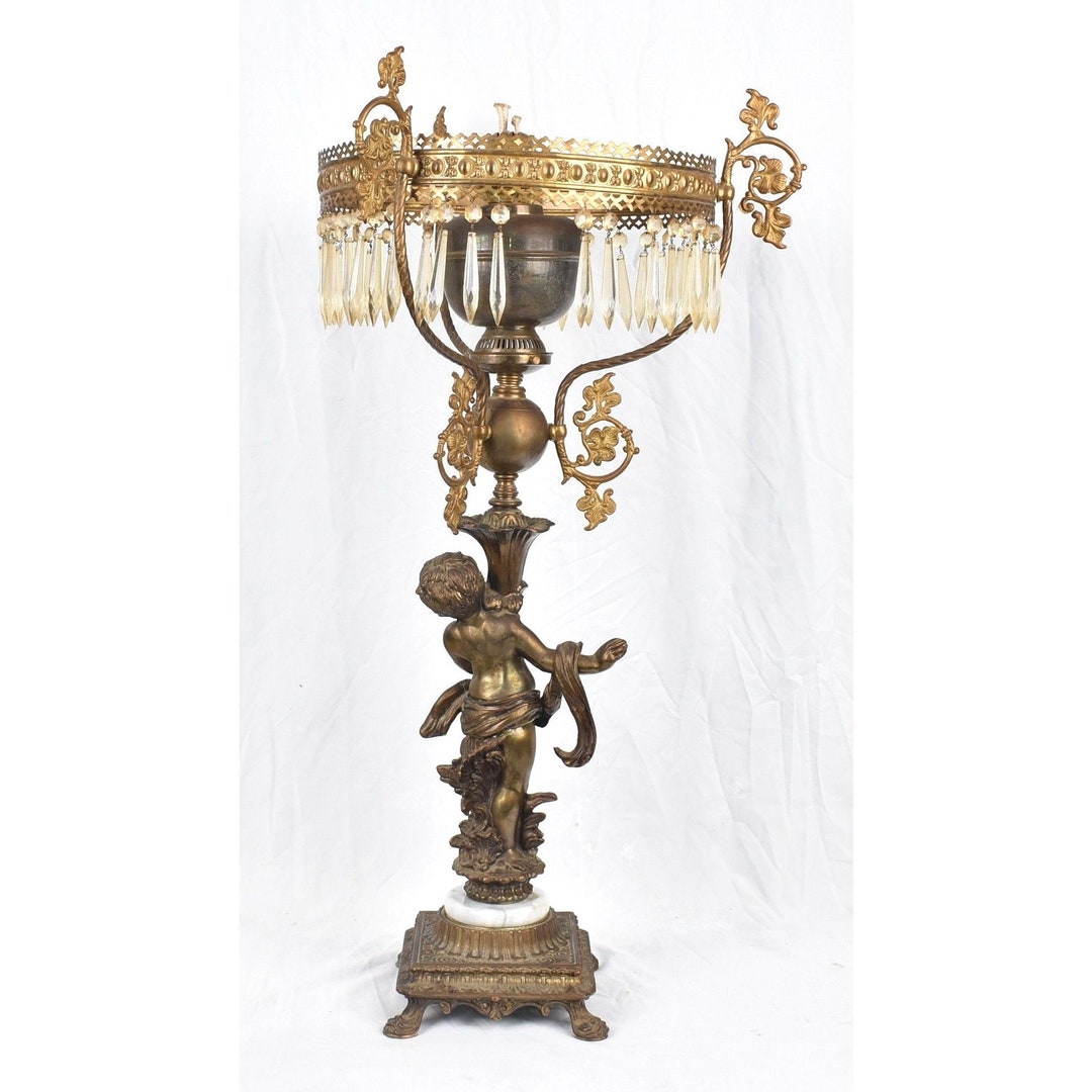 Victorian John Scott Oil Lamp Brass Cherub Crystals Kerosene 1800s ...