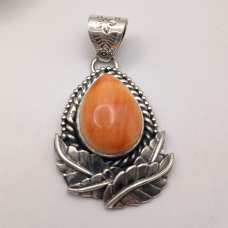 Orange Spiny Oyster Shell Sterling Silver Pendant Leaf Feather Large ...