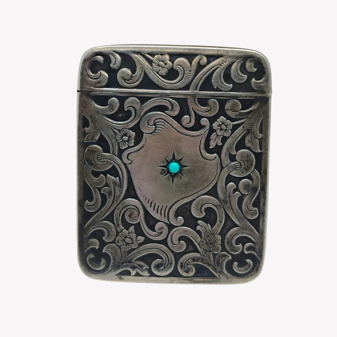 Antique Sterling Silver Overlay Turquoise Vesta Case Match Safe Box ...