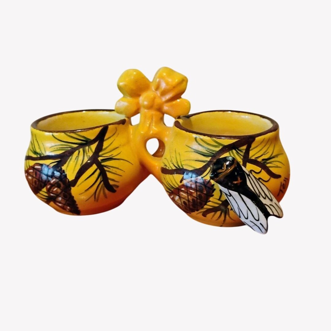 Vtg Vallauris Italy Pottery Open Salt Pepper Pot Yellow W/cicada Signed ...