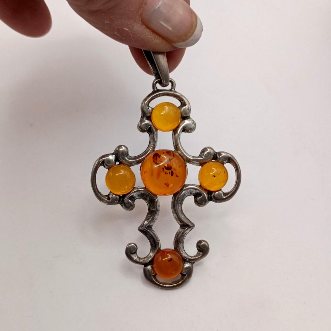Vintage Large 925 Sterling Silver Amber Cross Pendant Statement Unisex ...