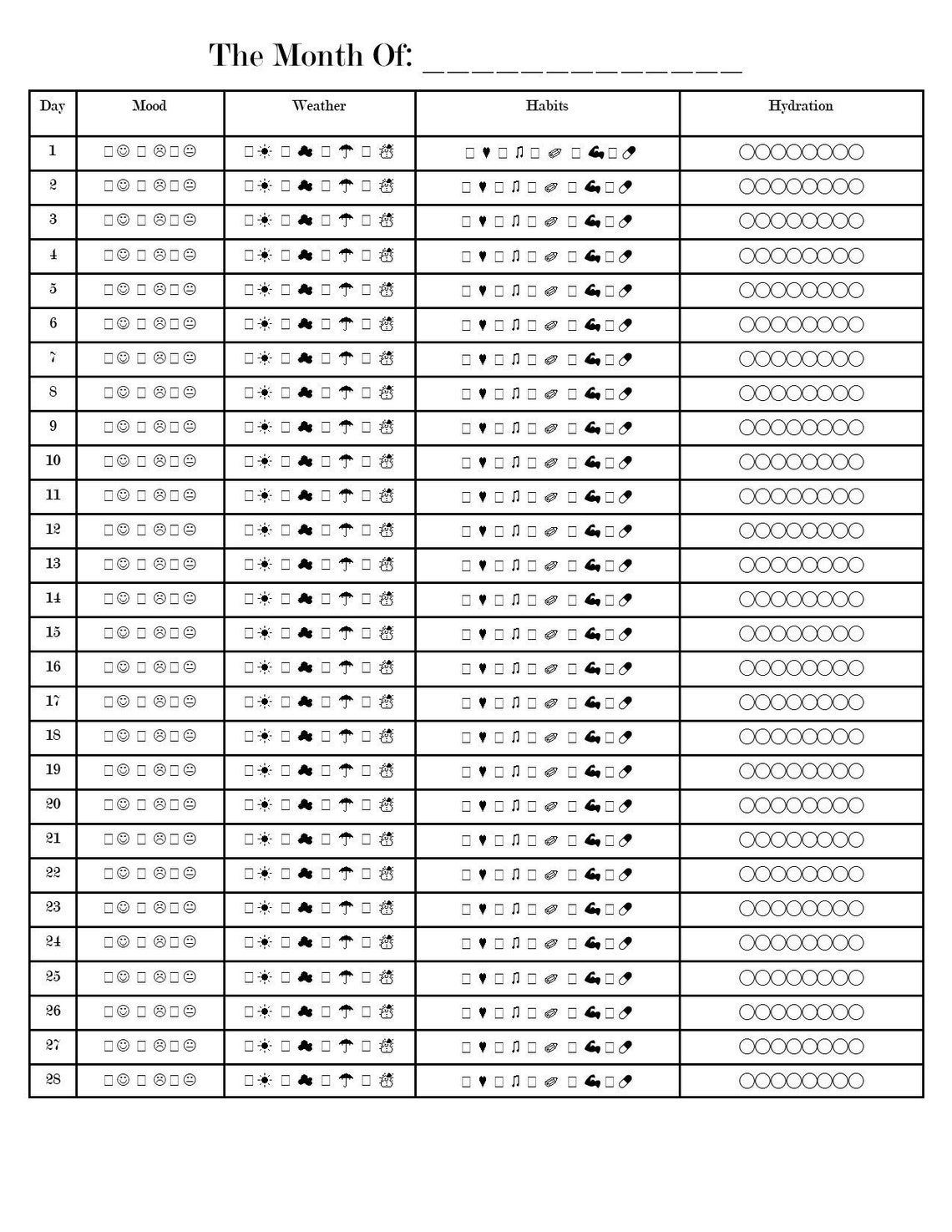 Blank 28 Day Monthly Habit Tracker - Etsy