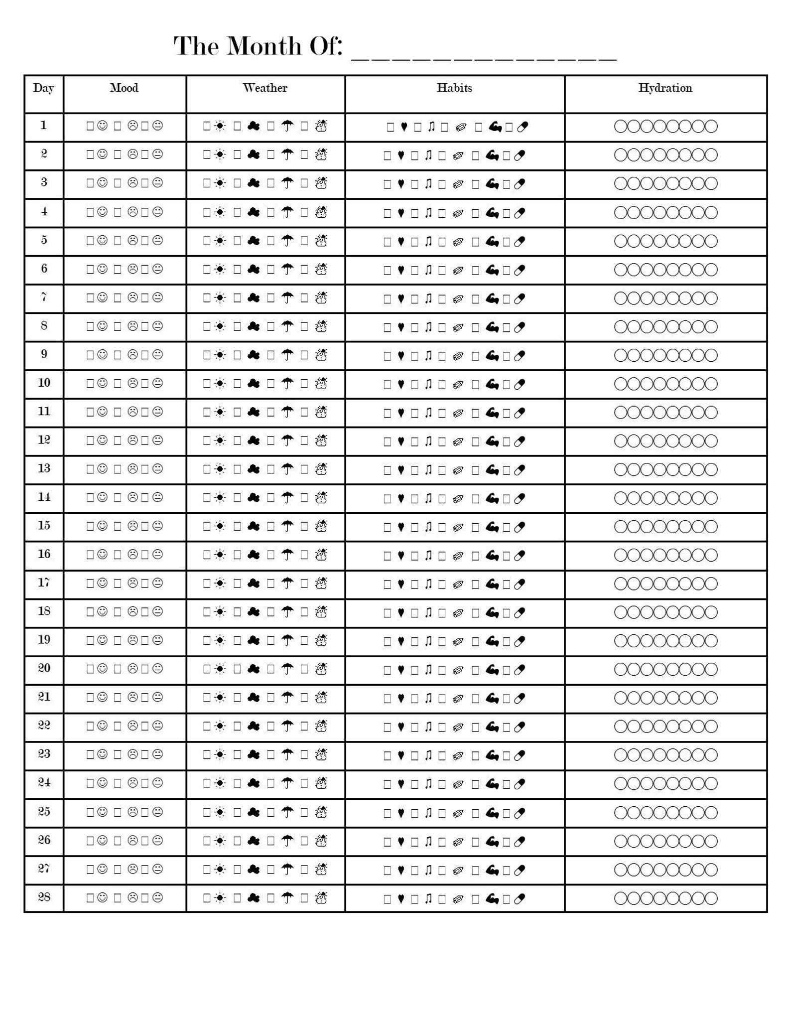 Blank 28 Day Monthly Habit Tracker - Etsy
