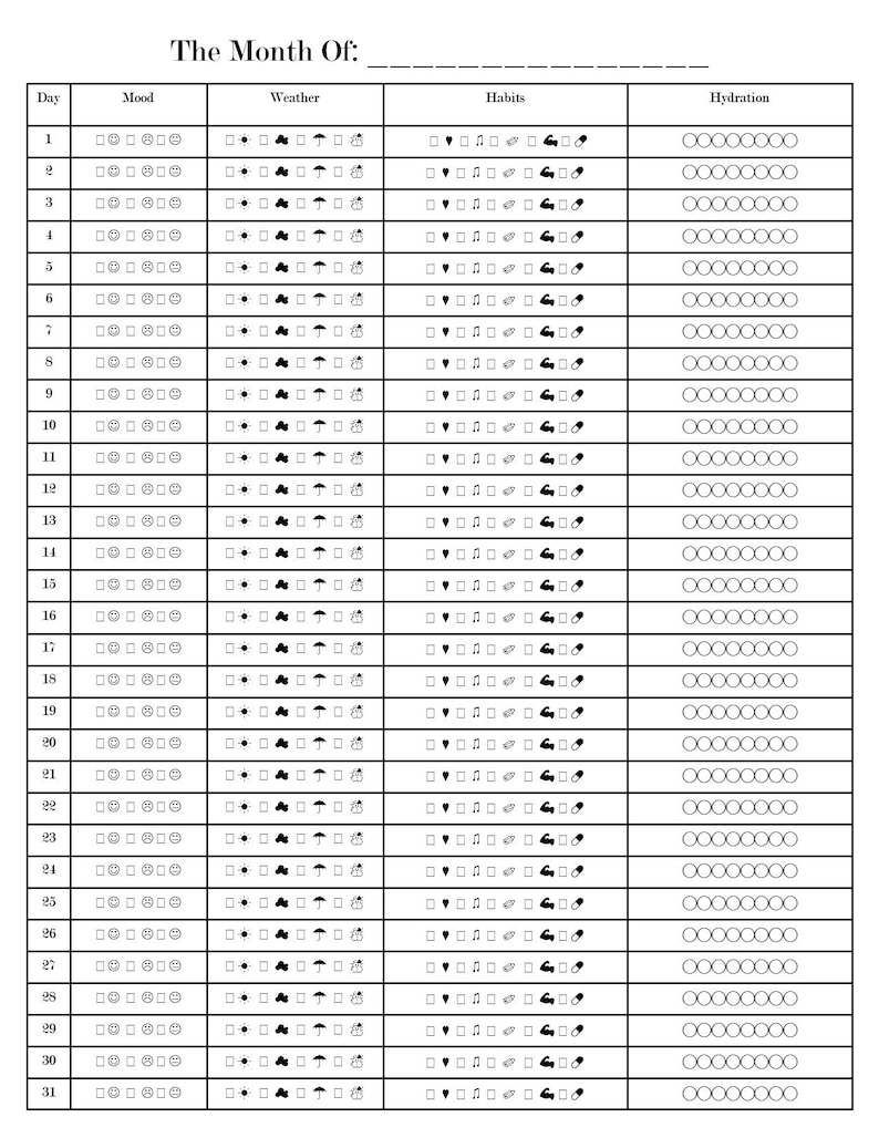 Blank 31 Day Monthly Habit Tracker - Etsy