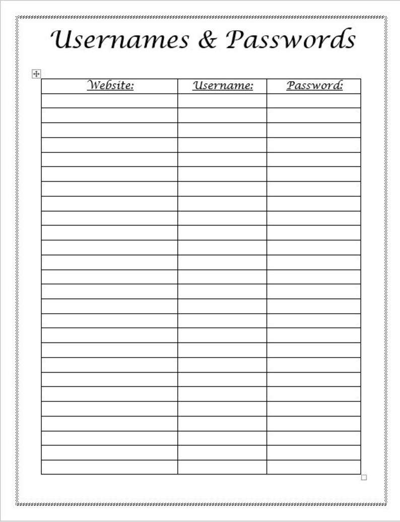 Usernames And Passwords Digital Printable Etsy