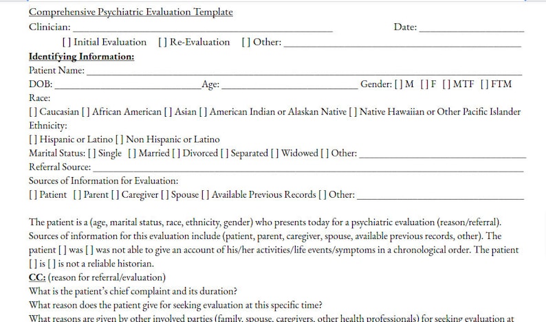 Comprehensive Psychiatric Evaluation Digital Printable - Etsy
