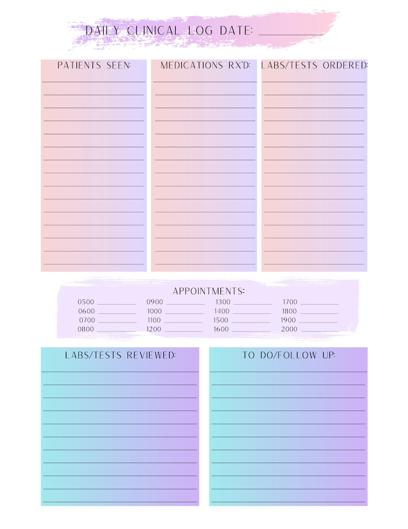 Daily Clinical Log Digital Printable. - Etsy