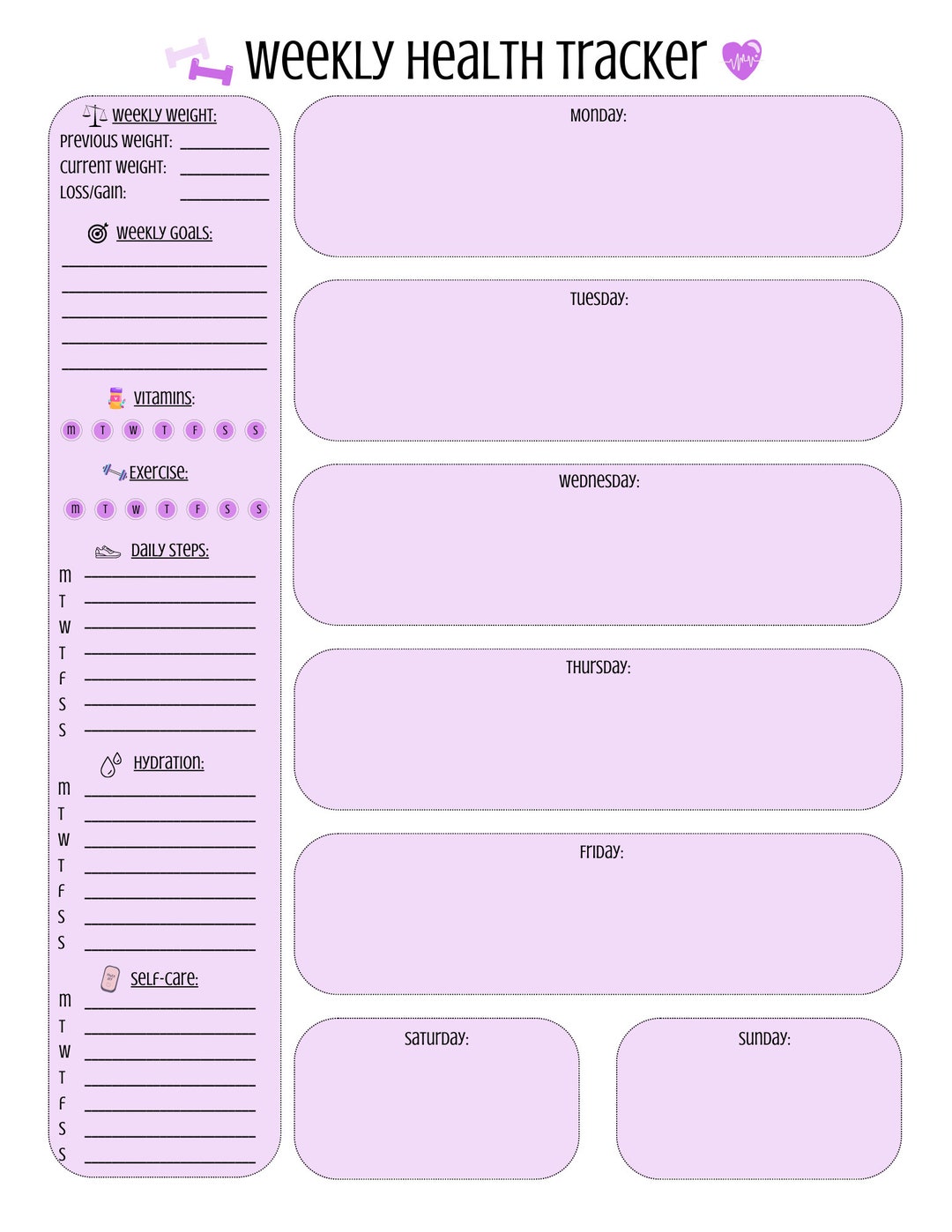 Weekly Health Tracker Digital Printable. - Etsy
