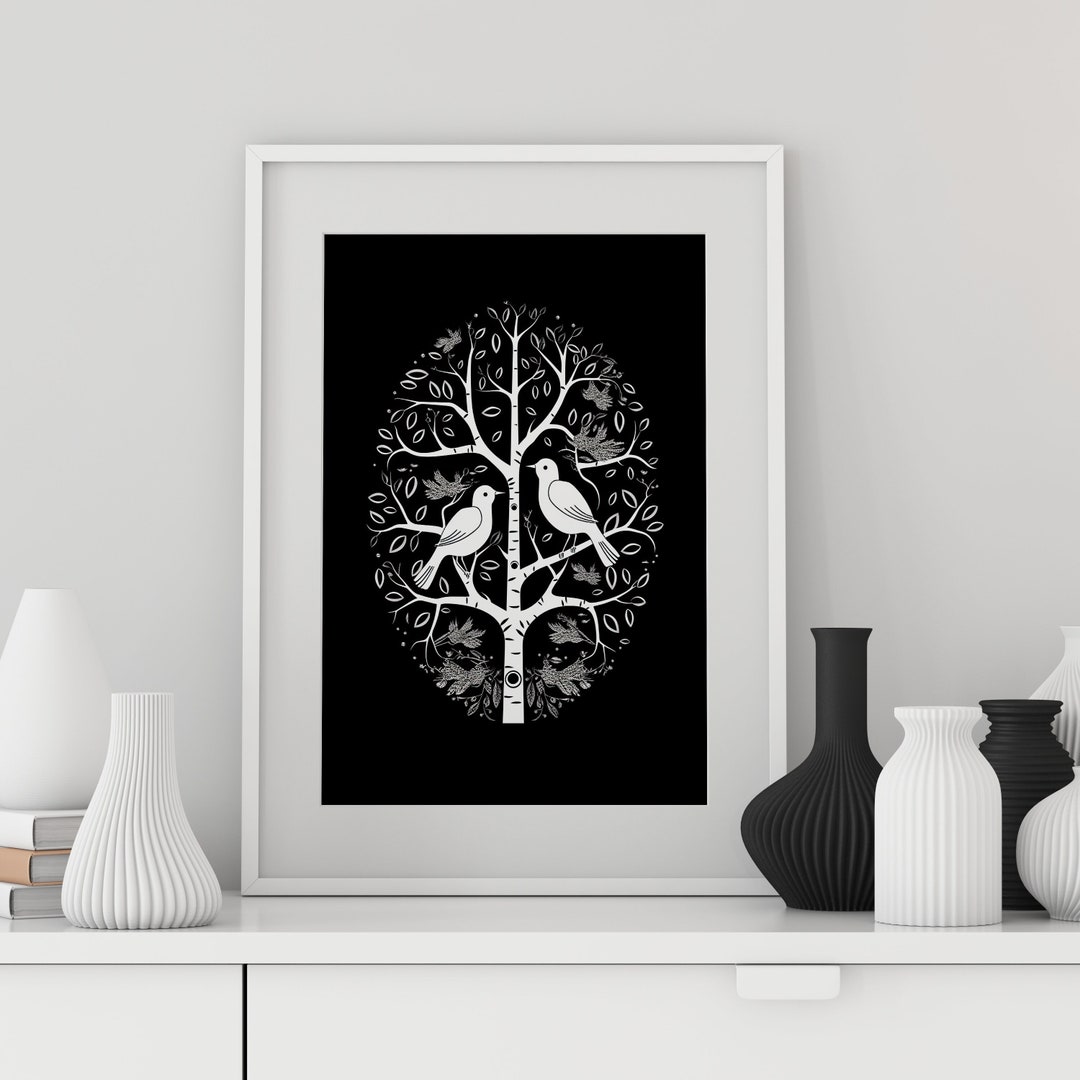 Gothic Black and White Tree and Two Turtle Doves Birds Fairy Tale Art ...