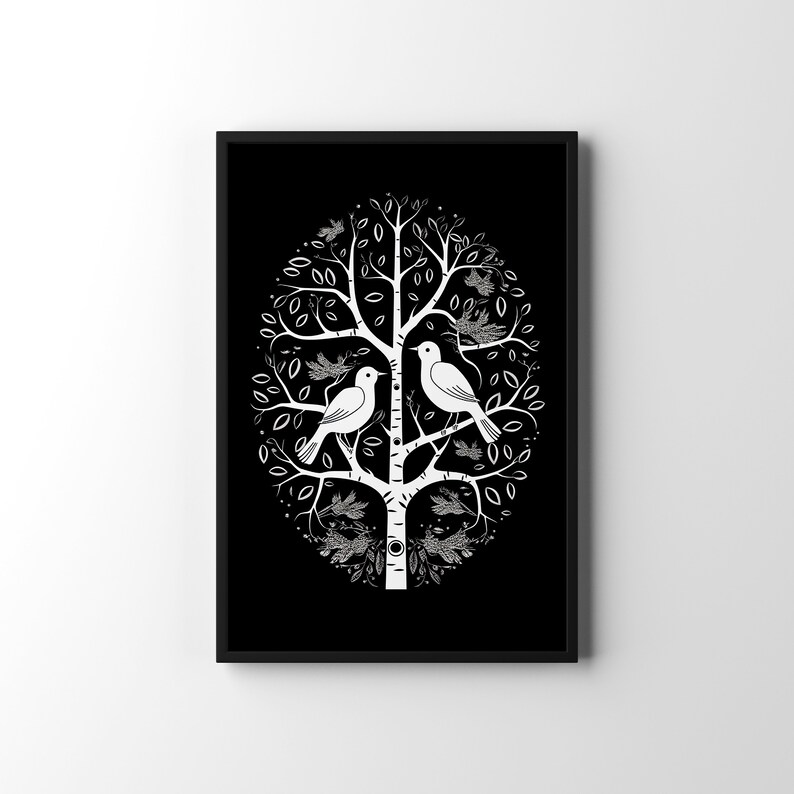 Gothic Black and White Tree and Two Turtle Doves Birds Fairy Tale Art ...