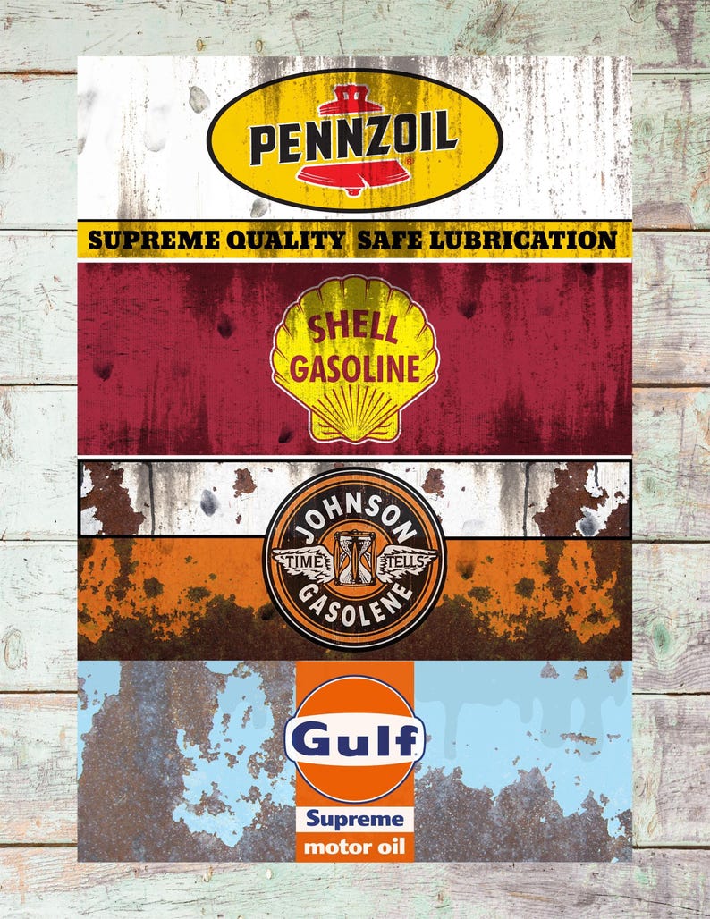 Vintage Motor Oil Label Prints: Johnson, Gulf, Shell, Pennzoil (digital ...