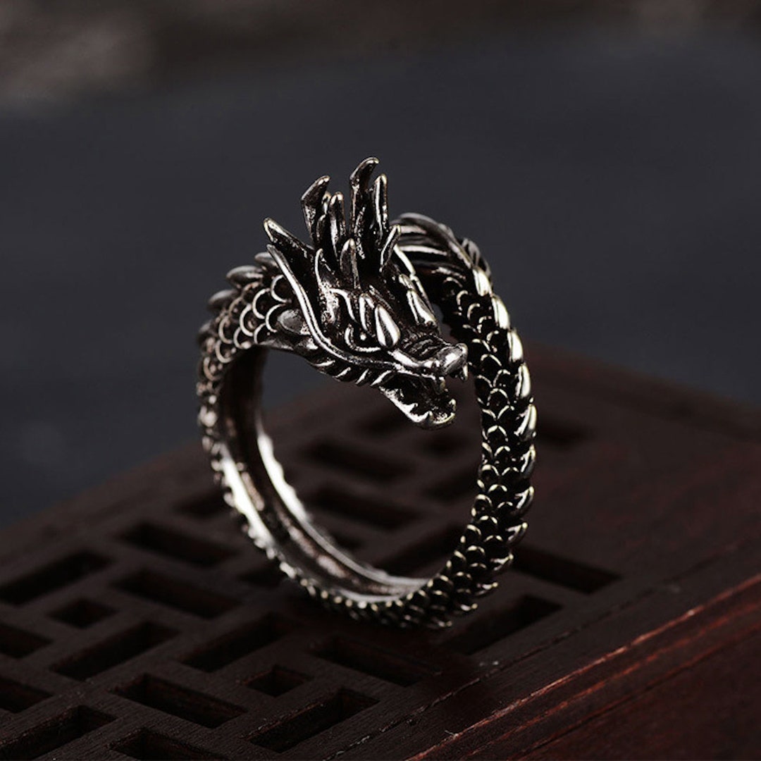 Dragon Ring Unisex Vintage Silver Dragon Ring Carved Surface Adjustable ...