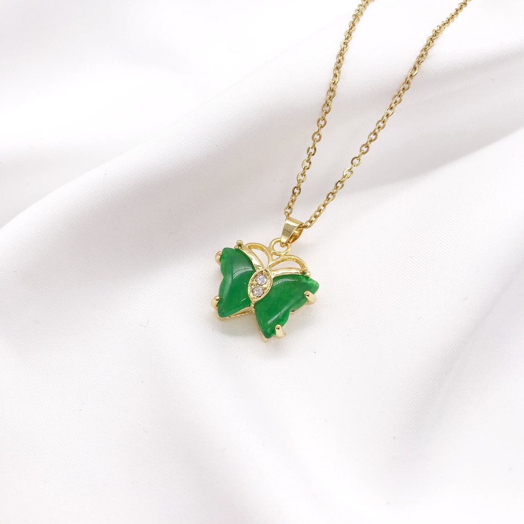 Green Jade Butterfly Pendant Gold Plated Chain Necklace - Etsy