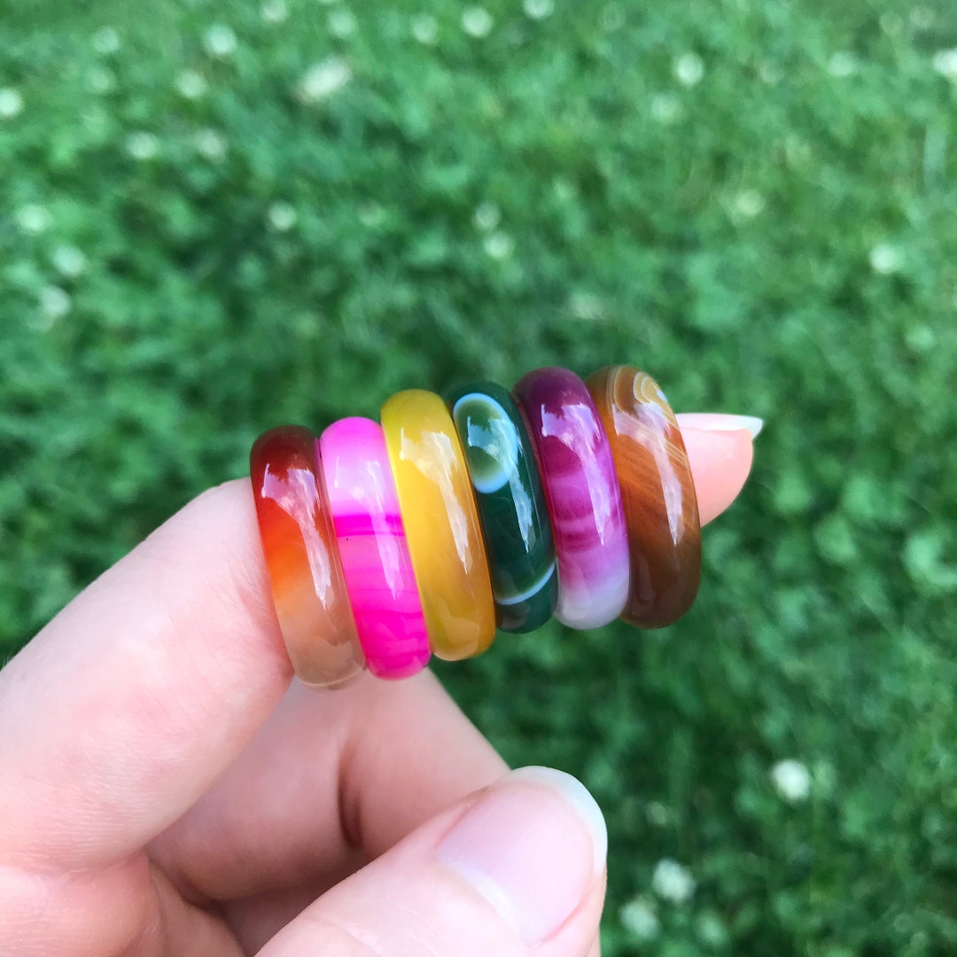 Natural Agate Band Ring, Genuine Gemstone Crystal Rings - Etsy