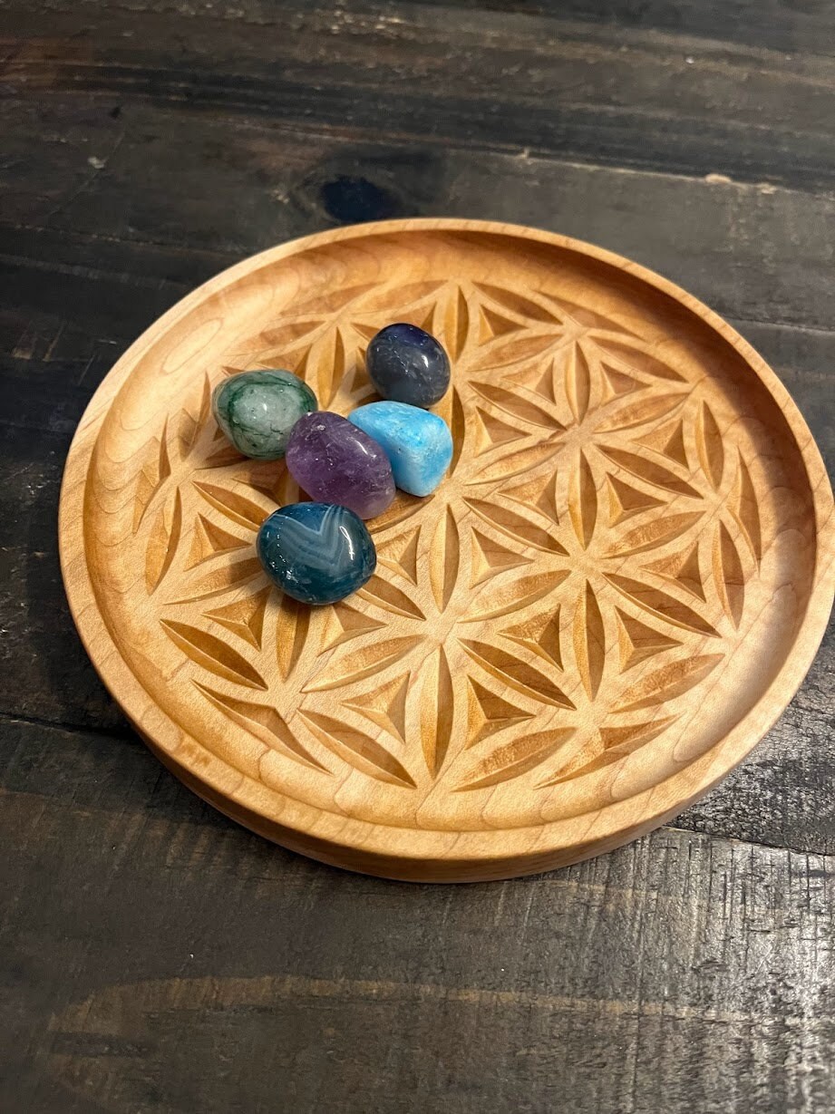 Maple Round Crystal Grid Tray With Flower of Life Design Sacred ...