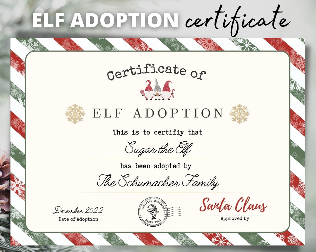 Christmas Elf Certificate Adoption, Printable Elf Certificate of ...