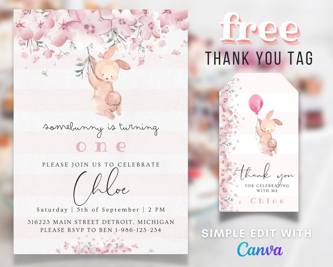 Girl Bunny Birthday Invitation Pink Girl Invite Template Little Pink ...
