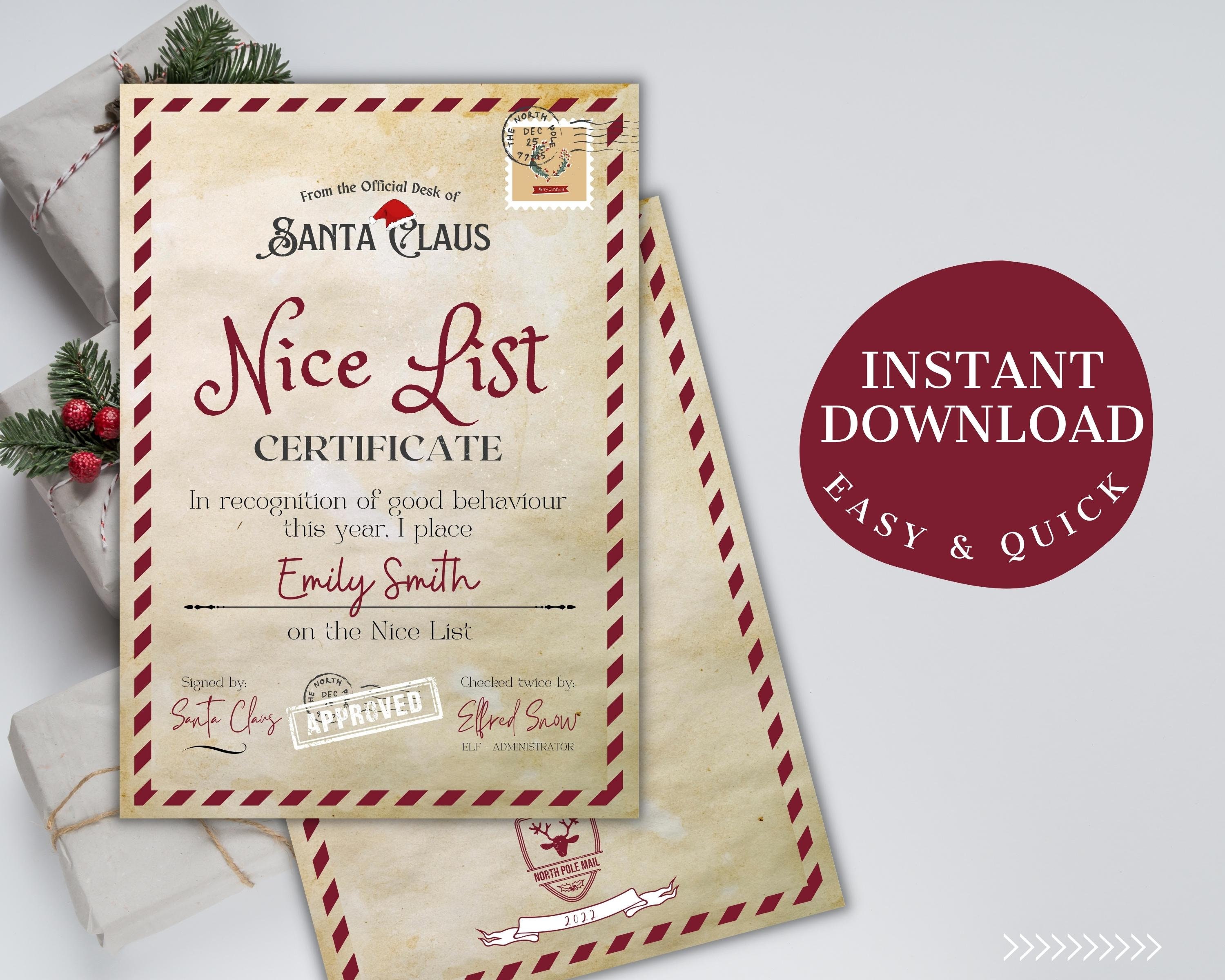 Instant Download Editable Santa Nice List Certificate, Personalised ...