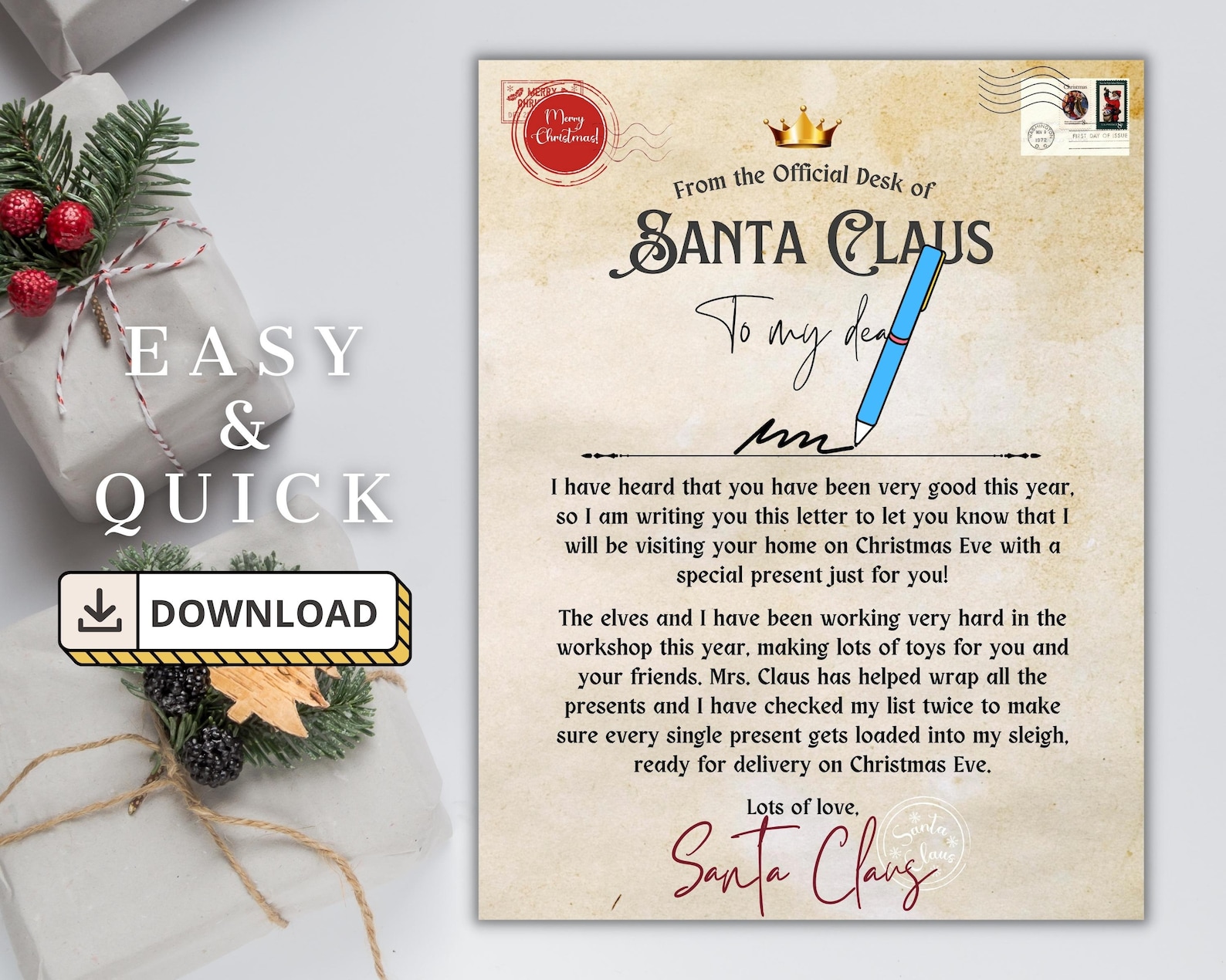 Editable Letter From Santa Printable Template Santa Letter - Etsy