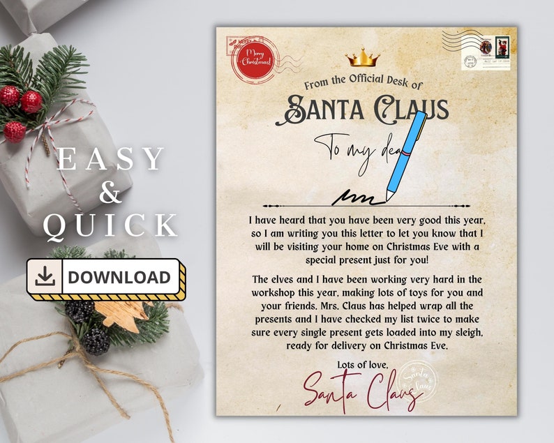 Editable Letter From Santa Printable Template Santa Letter - Etsy