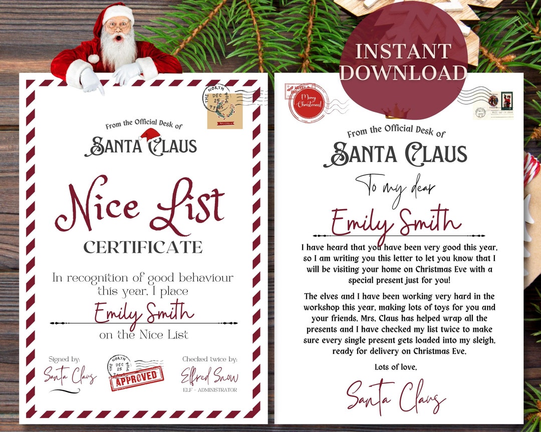 Editable Santa Letter and Nice List Certificate Printable Template ...