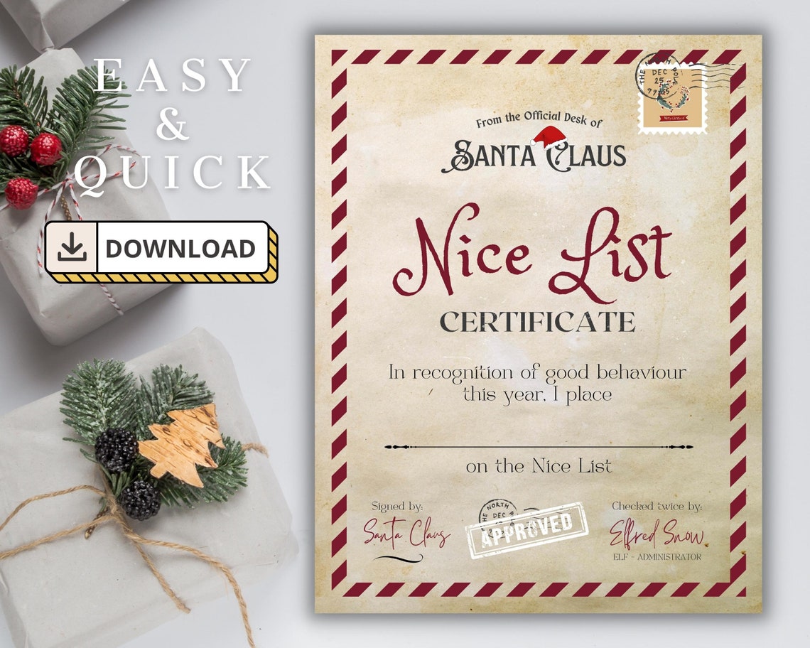 Instant Download Editable Santa Nice List Certificate, Personalised ...
