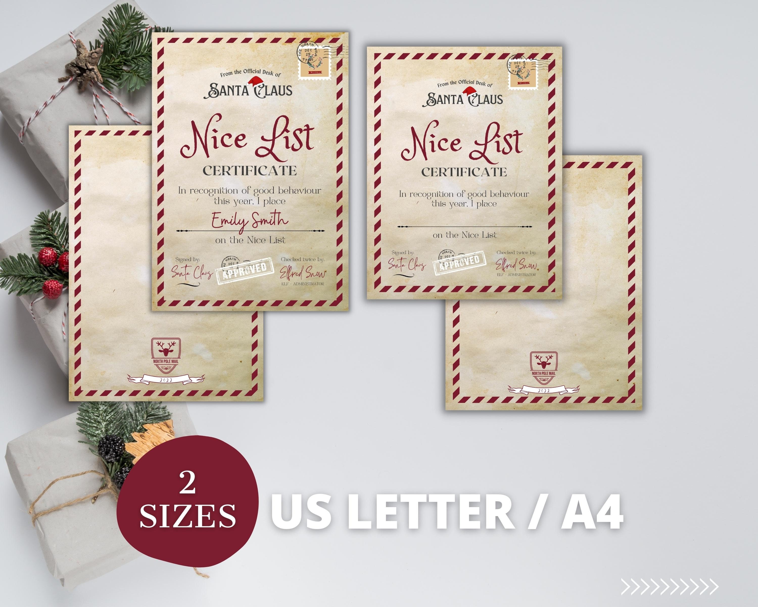 Instant Download Editable Santa Nice List Certificate, Personalised ...