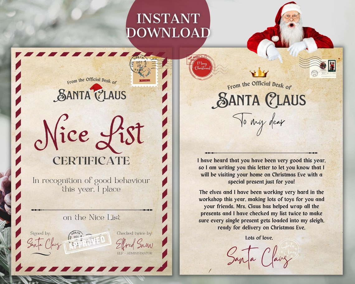 Editable Santa Letter and Nice List Certificate Printable - Etsy