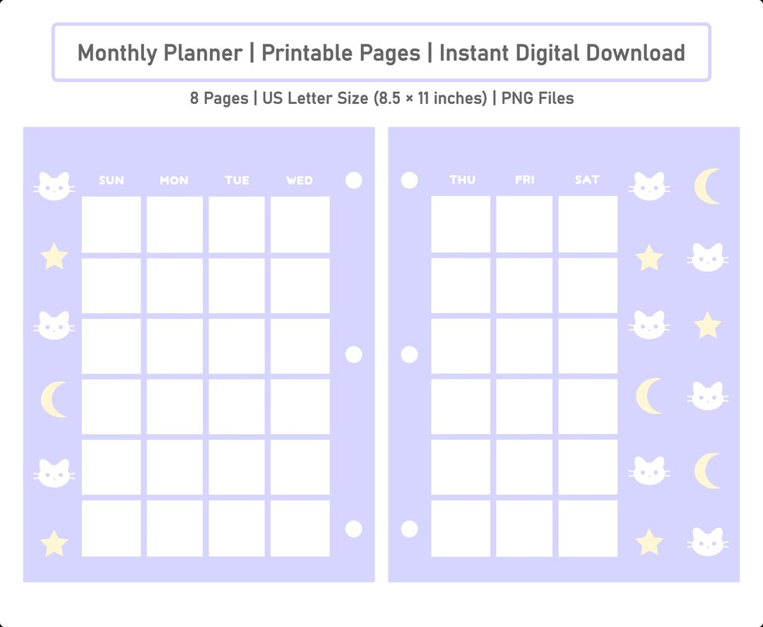 Cat Monthly Calendar Planner Bundle Stationery, Cat Stationery, Blue ...