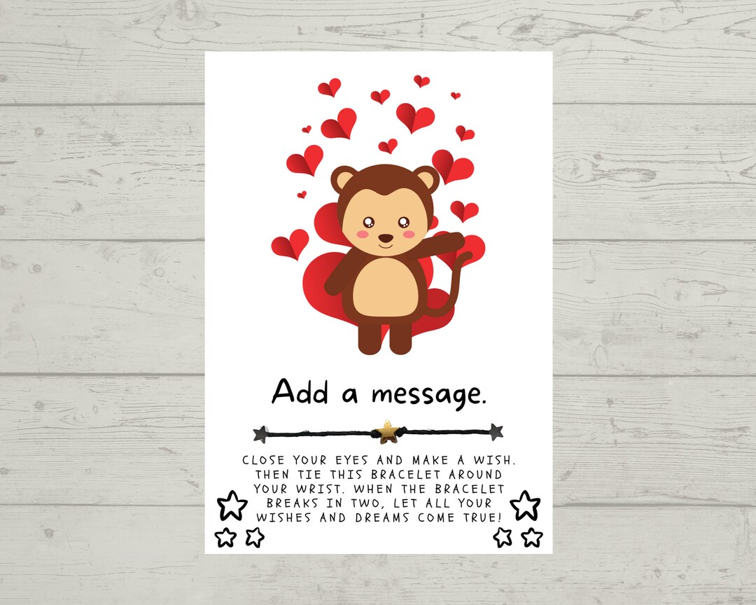 Monkey With Hearts Wish Bracelet, Valentine's Day Card, Birthday Gift ...