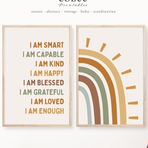 Positive Kid Affirmations Rainbow Wall Art, Printable Boho Earthy ...
