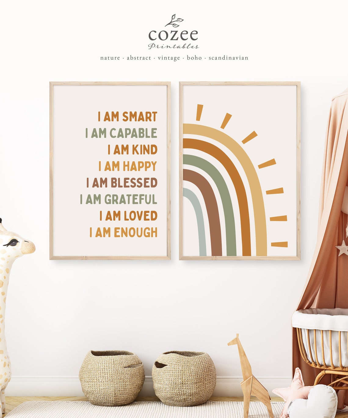 Positive Kid Affirmations Rainbow Wall Art, Printable Boho Earthy ...