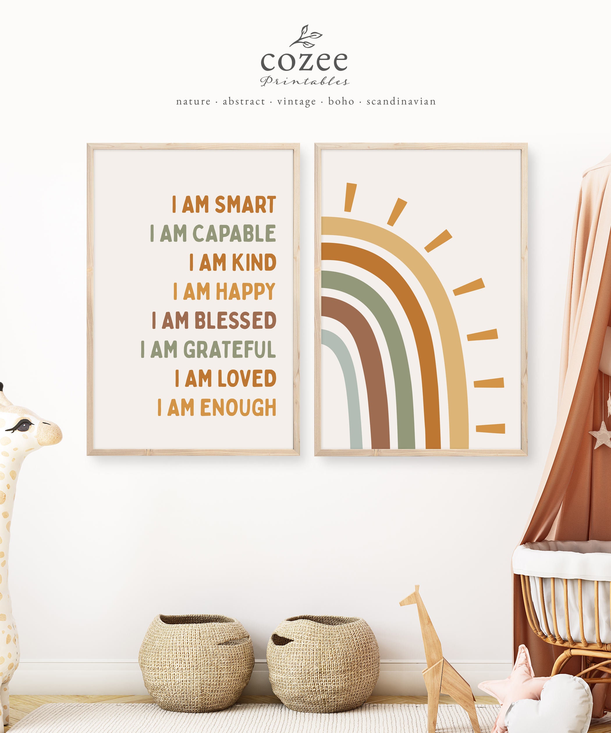 Positive Kid Affirmations Rainbow Wall Art, Printable Boho Earthy ...