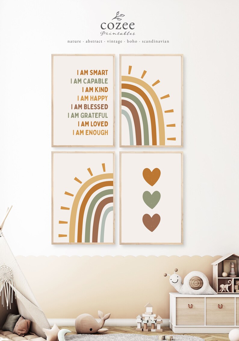 Positive Kid Affirmations Rainbow Wall Art, Printable Boho Earthy ...