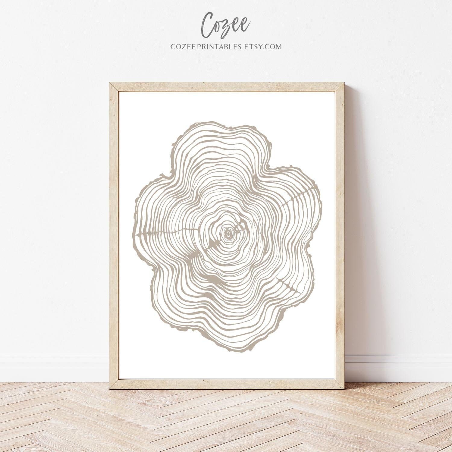 Modern Tree Ring Line Art, Printable Wall Decor, Neutral, Gray, Taupe ...