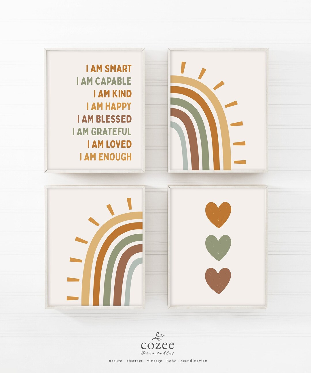 Positive Kid Affirmations Rainbow Wall Art, Printable Boho Earthy ...