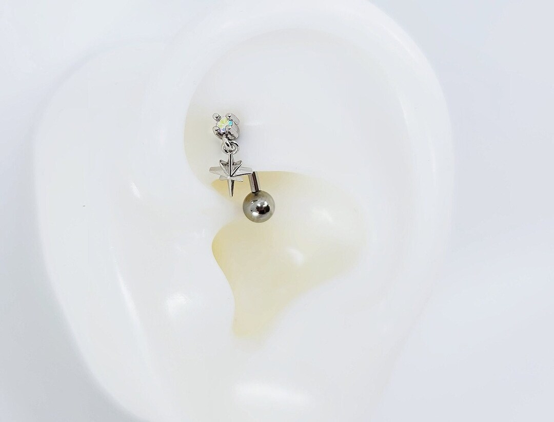 16G Dainty Silver CZ With Dangling Radiant Star #rook, Curved Barbell ...