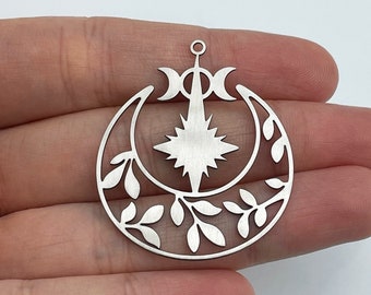 Stainless Steel Moon Phases Necklace Charm, Crescent Moon Star Charm, Lunar Phases Charm, Steel ...