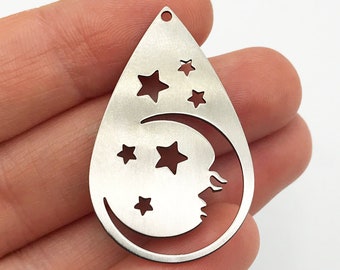 2pcs Stainless Steel Crescent Lotus Charm, Steel Lotus Charm, Crescent Moon Pendant, Laser Cut ...